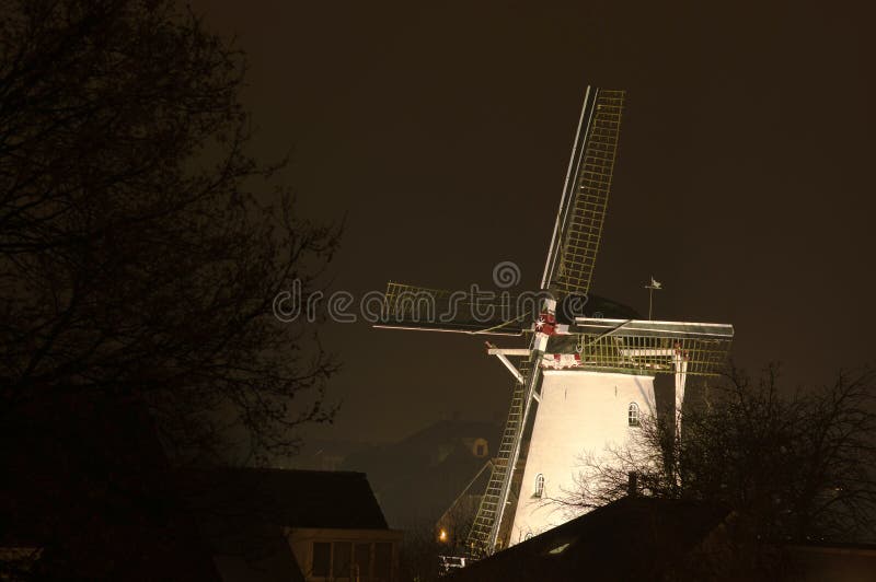 Illuminated Windmill at Night, Netherlands Stock Image - Image of ...