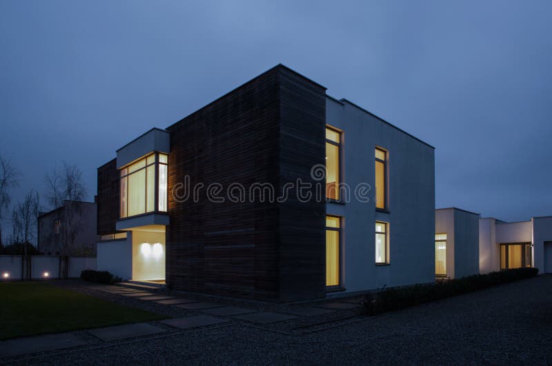 Illuminated Windows in Detached House Stock Image - Image of ...