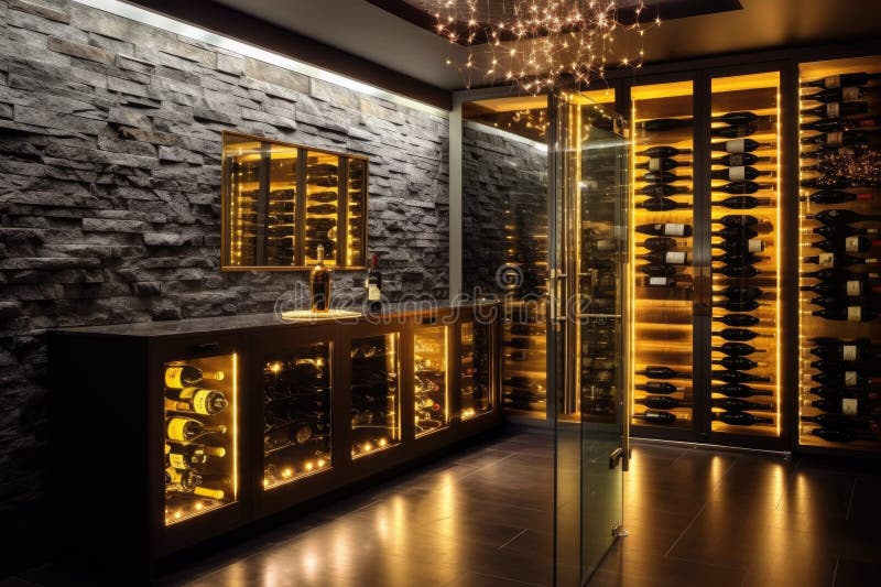 Illuminated Wine Cellar with Modern Glass and Metal Racks Stock ...