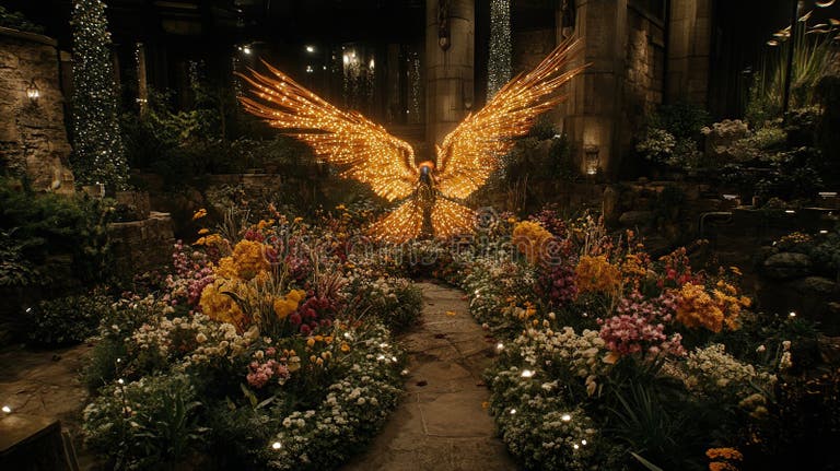 Illuminated Winged Figure in Night Garden Display Stock Image - Image ...