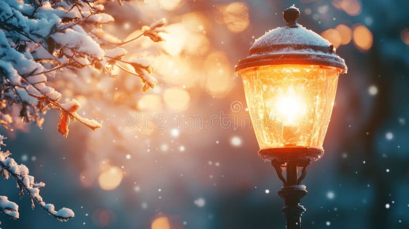 Illuminated Winter Lamp Post Snow Covered Branches Stock Illustration ...