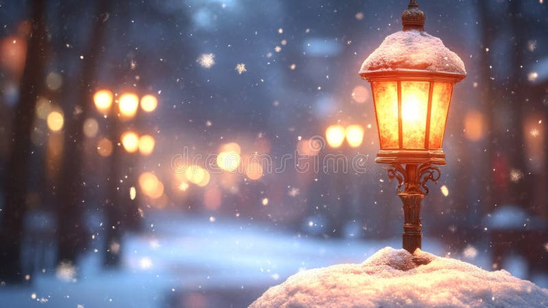 Illuminated Winter Lamp Post in Snowy Scene Stock Illustration ...