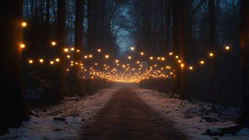 Illuminated Winter Path through Enchanted Forest with Luminous String ...