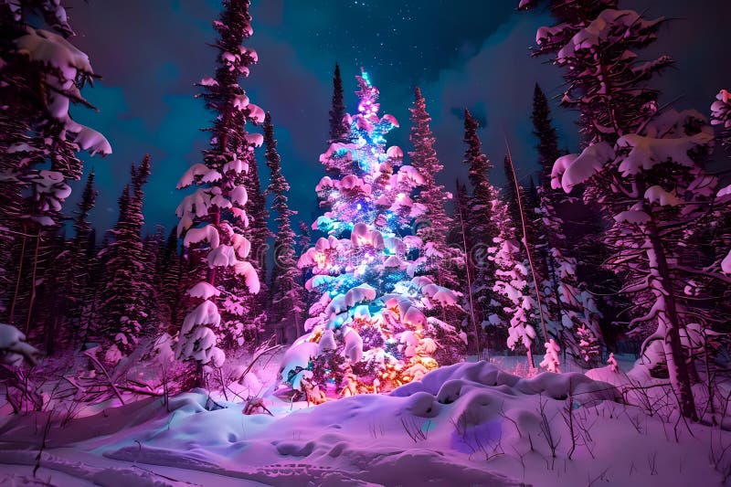 Illuminated Winter Wonderland: a Festive Tree in a Snowy Forest at ...