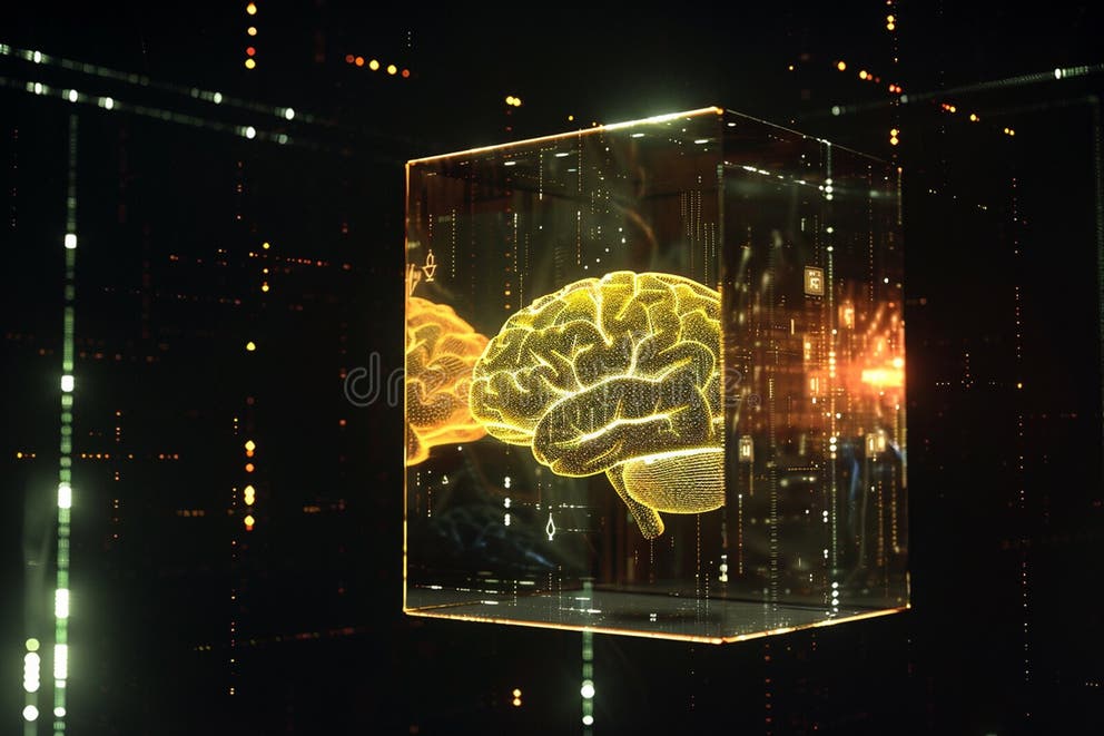 Illuminated Wireframe Human Brain in a Cube with Data Stream, Grid and Dark Backdrop Stock ...
