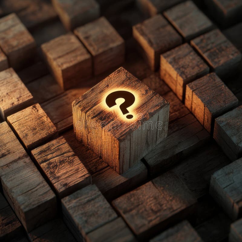 Illuminated Wooden Block with Question Mark Amidst Arranged Wooden ...
