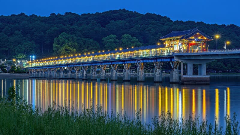 Illuminated Wooden Bridge Reflection at Twilight - Tranquil Water and ...