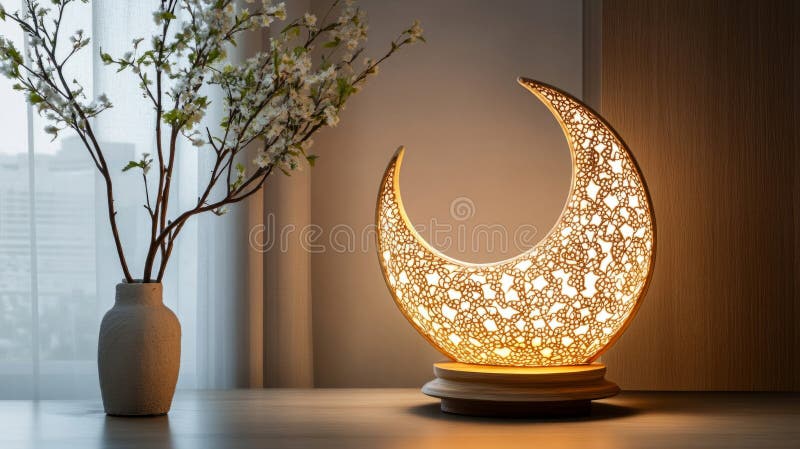Illuminated Wooden Crescent Moon Lamp on Tabletop Stock Illustration ...