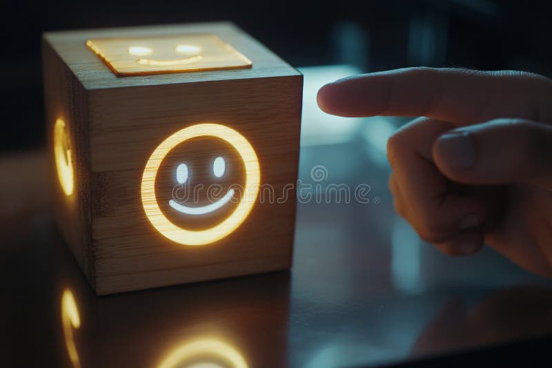 Illuminated Wooden Cube with Smiling Faces High Quality Image Stock Illustration - Illustration ...