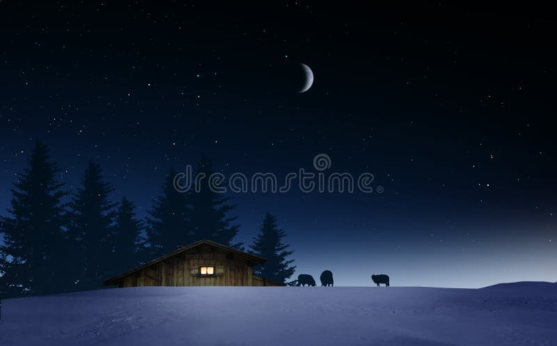 Illuminated Wooden Hut in a Winter Night Stock Photo - Image of moon ...