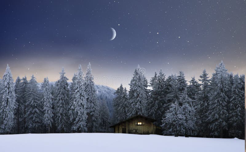 Illuminated Wooden Hut in a Winter Night Stock Image - Image of hygge ...