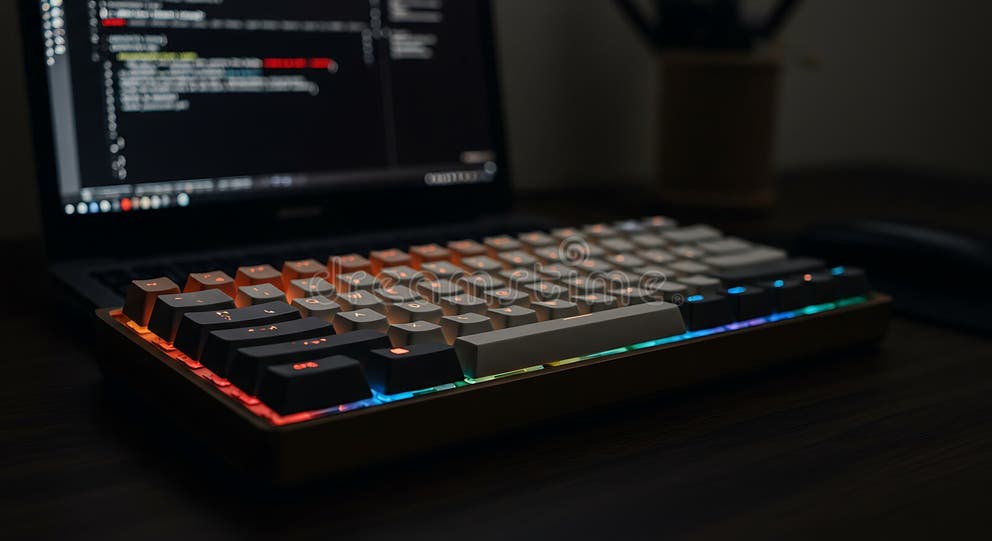 Illuminated Wooden Keyboard: a Nighttime Coding Scene Stock Image ...