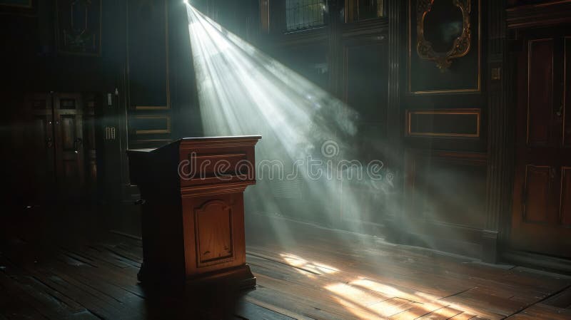 Illuminated Wooden Podium Under a Beam of Light in Dark Room Stock ...