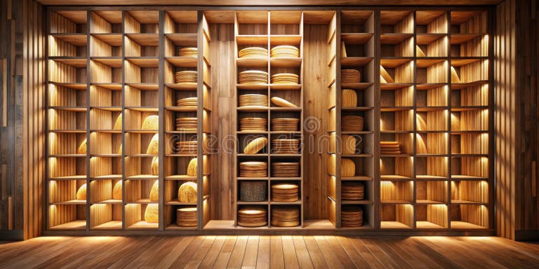 Illuminated Wooden Shelving Unit Displaying Stacked Circular Objects ...