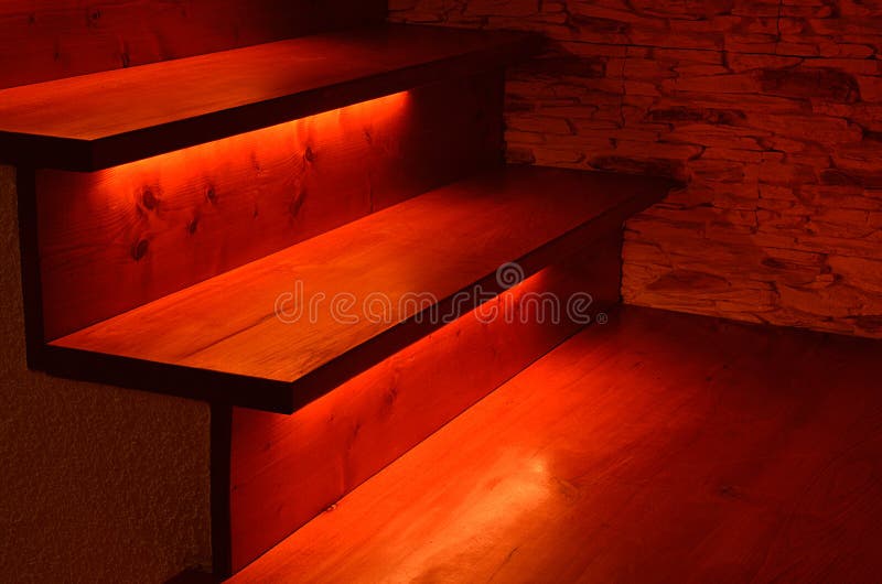 Illuminated wooden stairs stock photo. Image of construction - 46926794