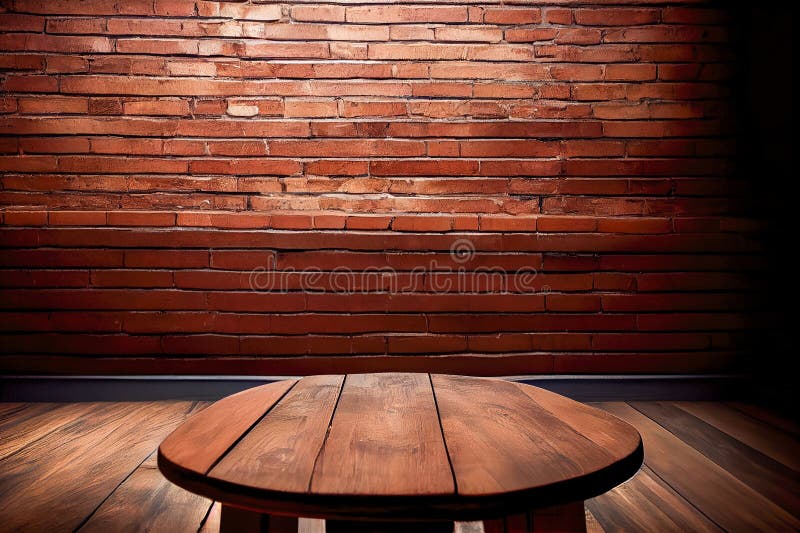Illuminated Wooden Table Against a Red Brick Wall. Generative AI ...