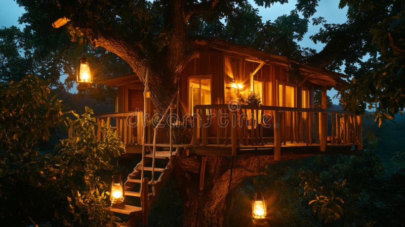 Illuminated Wooden Treehouse at Night in Lush Tropical Forest Stock ...