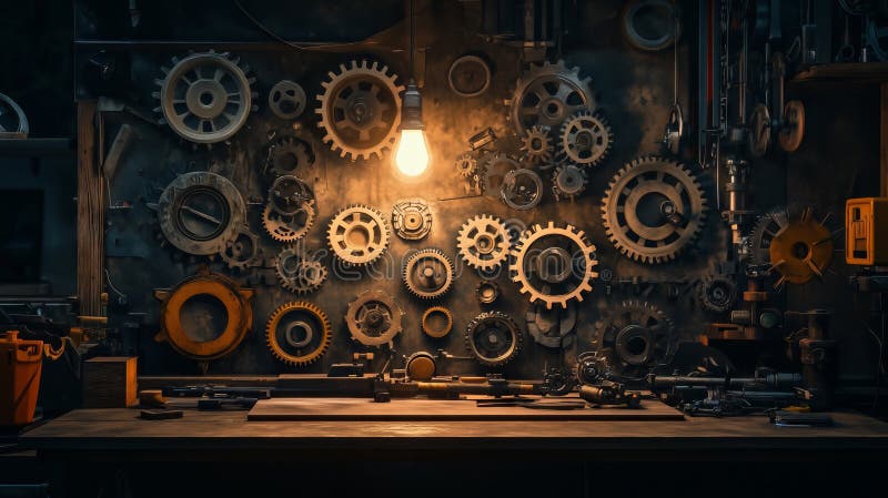 Illuminated Workshop Wall with Mechanical Gears Stock Photo - Image of ...