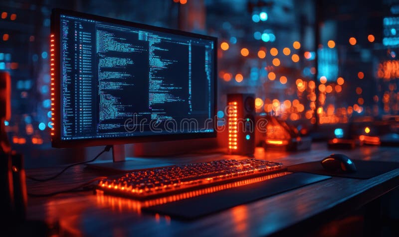 Illuminated Workspace with Coding Activity and Vibrant Ambient Lights ...