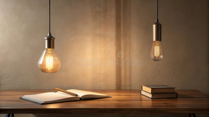 Illuminated Workspace with Open Notebook and Stack of Books Under Warm ...