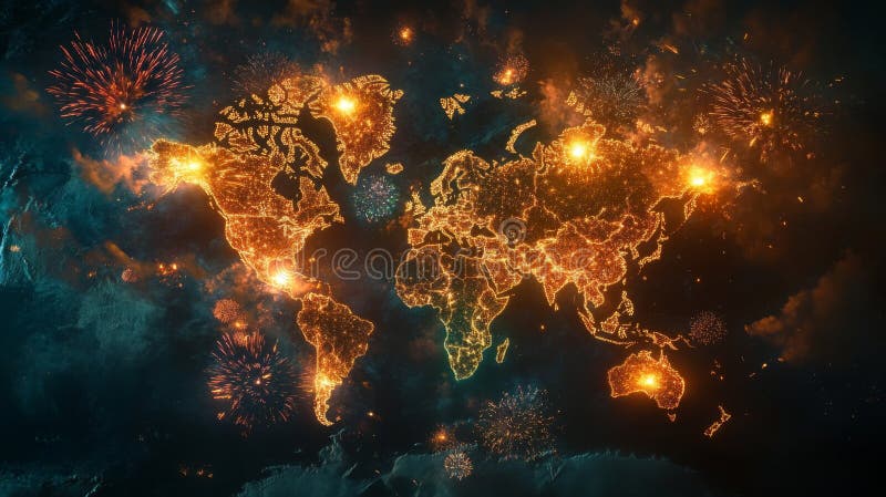 Illuminated World Map Adorned with Fireworks Celebration Stock ...