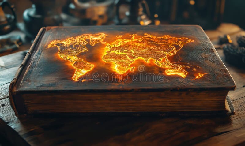 Illuminated World Map on Ancient Book Cover Showcasing Intricate ...