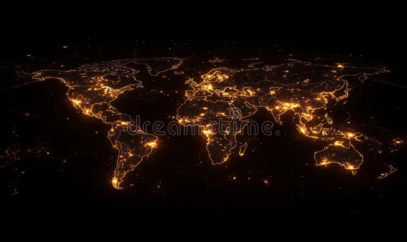 Illuminated World Map with Bright City Lights and Dark Background ...