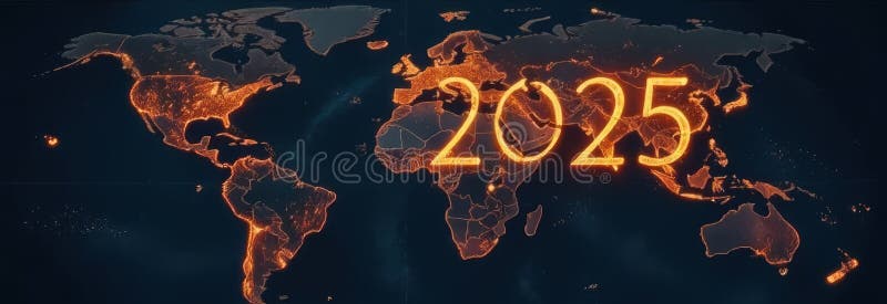 Illuminated World Map 2025, Continents Glowing with Connected Ci Stock ...