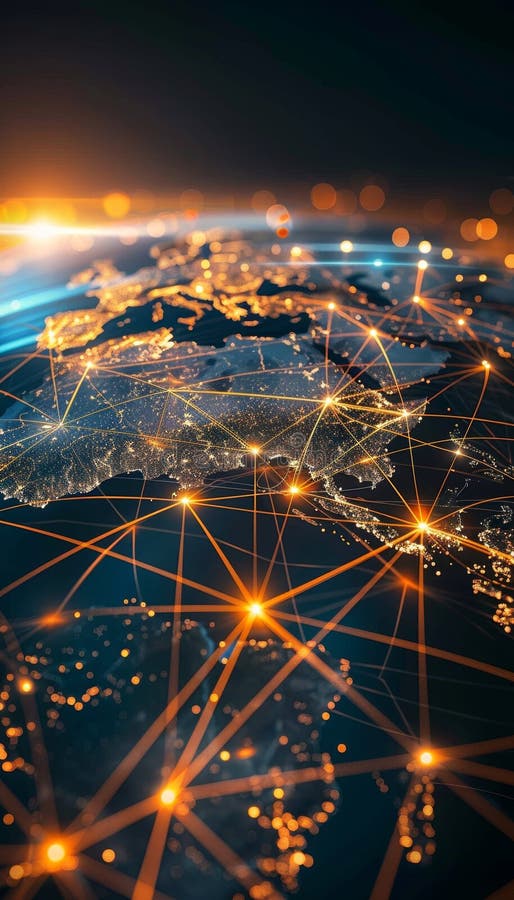 Illuminated World Map on Dark Background Symbolizing Globalization and ...