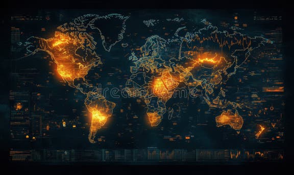 Illuminated World Map with Data Visualization and Geographical Insights ...