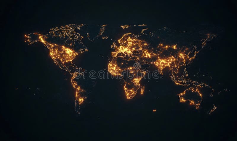 Illuminated World Map Depicting Global Urban Areas and Population ...