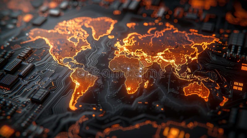 Illuminated World Map with Digital Circuits - Generative Ai Stock ...