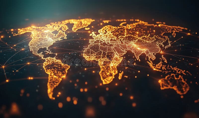 Illuminated World Map with Digital Connections and Network Nodes Stock ...