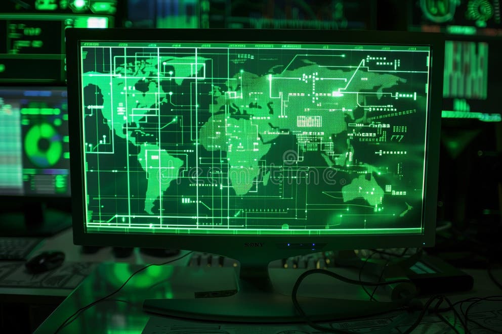 Illuminated World Map Display Screen in a Dark Room, Displaying Network Data and Glowing Green ...