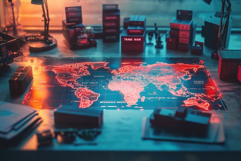 Illuminated World Map Display with Trade War Theme in Dimly Lit Office ...