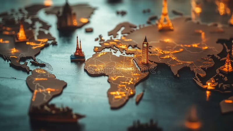 Illuminated World Map with Famous Landmarks Stock Image - Image of ...