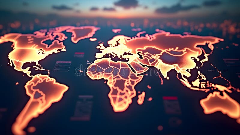 Illuminated World Map with Glowing Outlines and Data Points Stock Photo ...