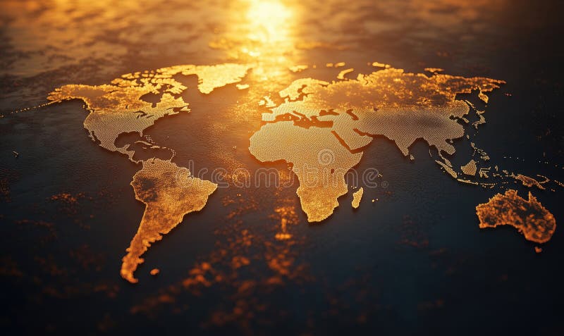 Illuminated World Map with Golden Highlights Against Dark Background ...