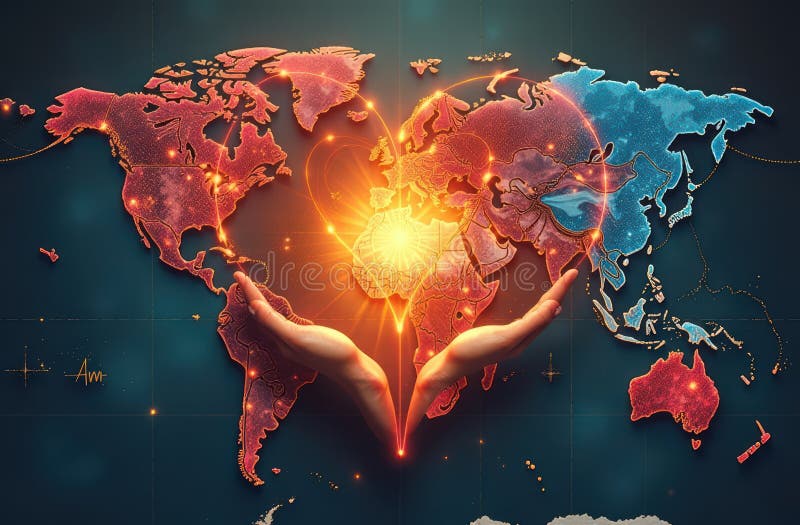 Illuminated World Map with Heart and Hands Symbolizing Global Unity and ...