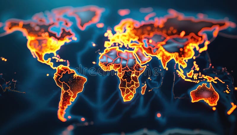 Illuminated World Map with Glowing Connections on a Dark Background ...