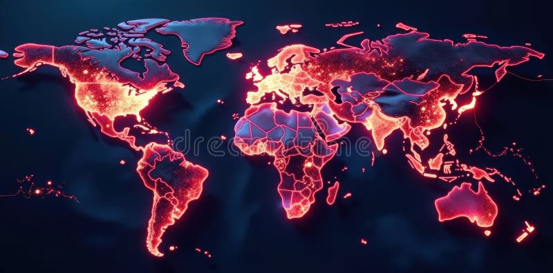 Illuminated World Map, Major Cities Linked by Vibrant Energy Streams ...