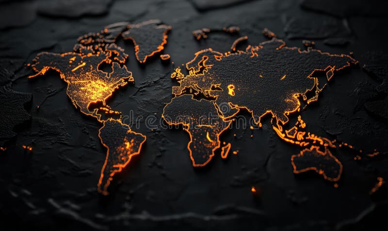 Illuminated World Map with Orange Highlights on Dark Textured ...