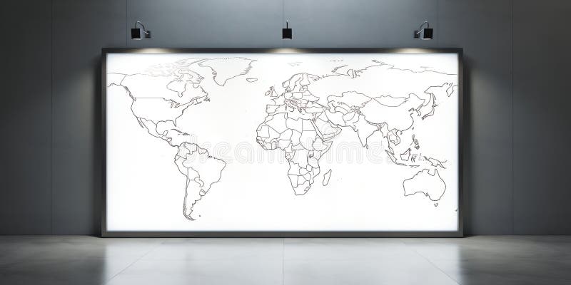 Illuminated World Map Display with Trade War Theme in Dimly Lit Office ...