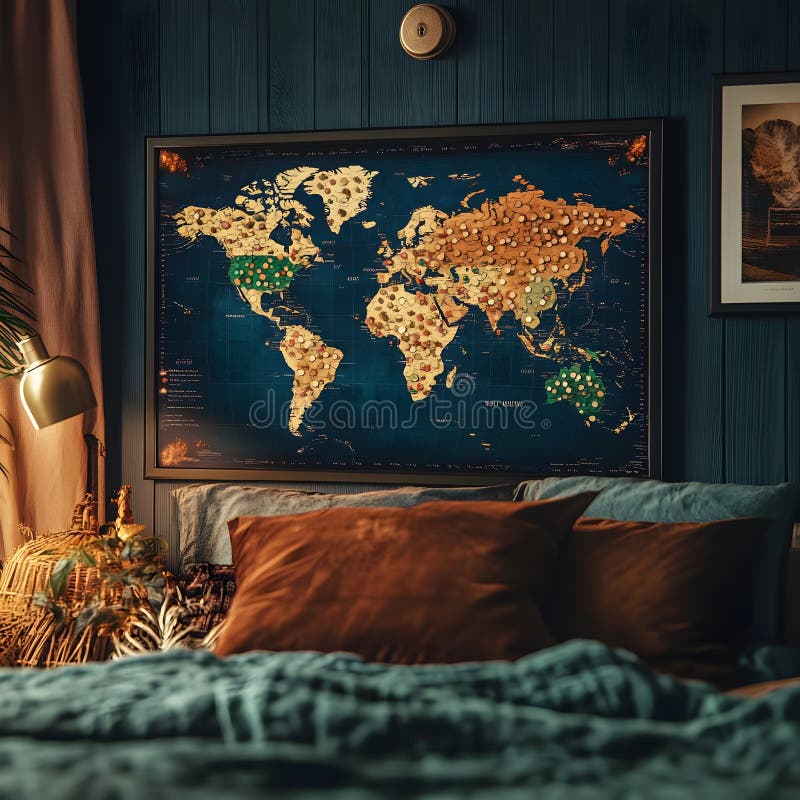 Illuminated World Map on Teal Bedroom Wall Stock Image - Image of ...