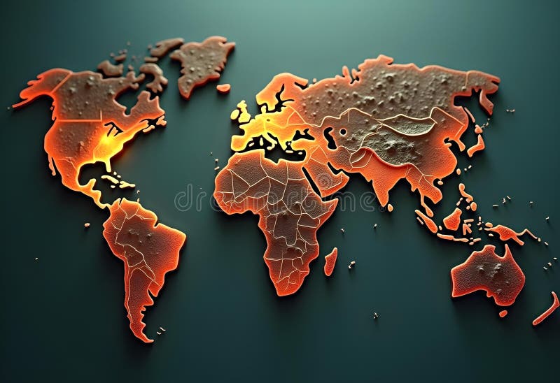 Illuminated World Map with Textured Surface and Glowing Stock ...