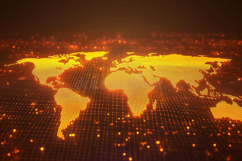 Illuminated World Map in Vibrant Orange Lights, Showcasing Digital ...