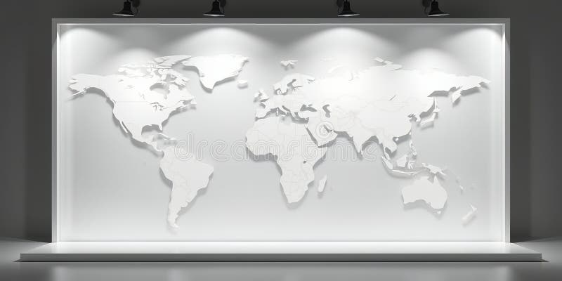 Illuminated World Map on a White Wall Display with Spotlights in a ...