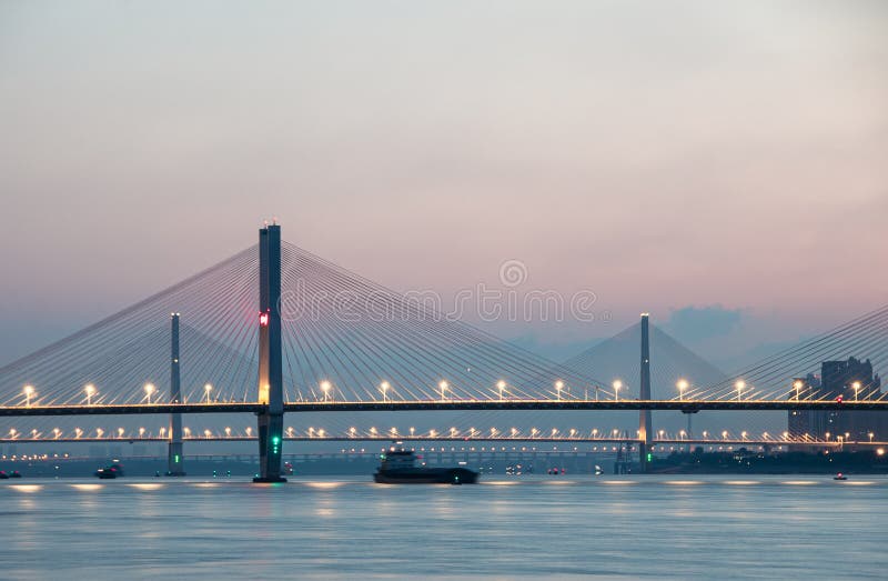 Illuminated Wuhan Yangtze River Second Bridge at Dawn. Stock Image ...