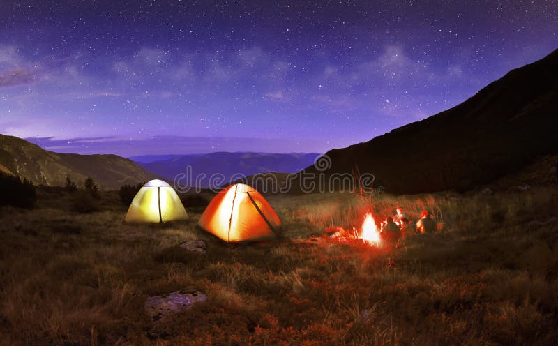 Illuminated Yellow Camping Tent Stock Photo - Image of mount ...