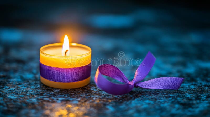 Illuminated Yellow Candle with Purple Ribbon on Dark Textured Surface ...